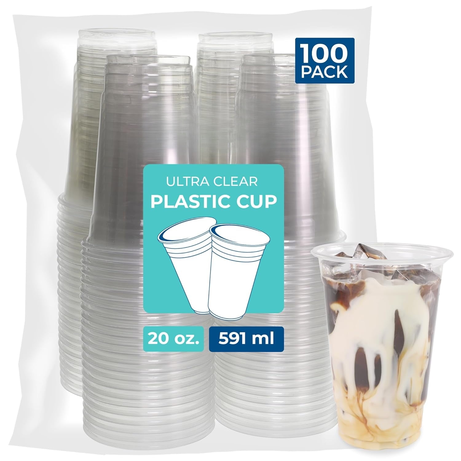 Clear Plastic Cups with Strawless Sip Lids [100 Cups - 20 oz ...