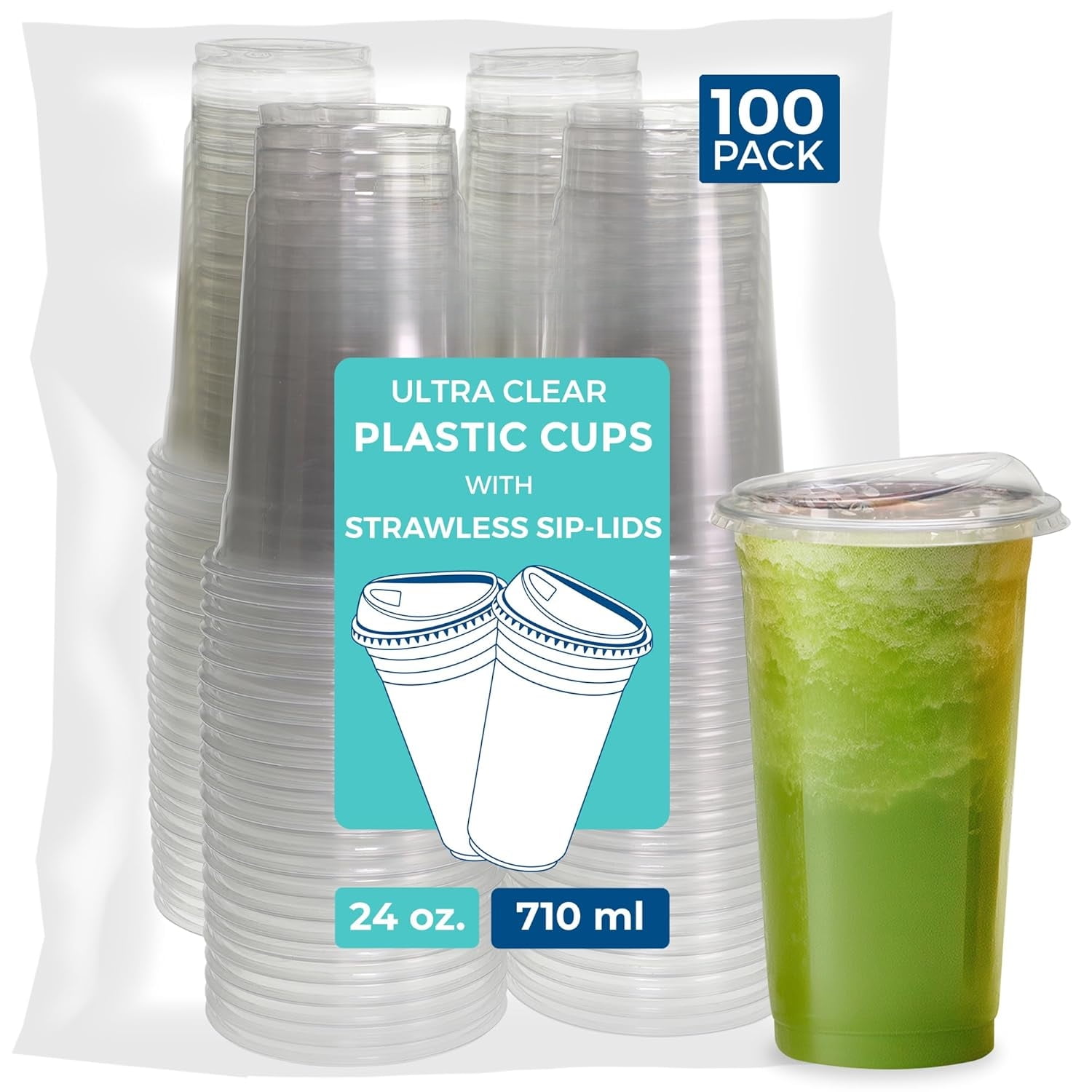 Clear Plastic Cups with Strawless Sip Lids [100 Cups - 20 oz ...