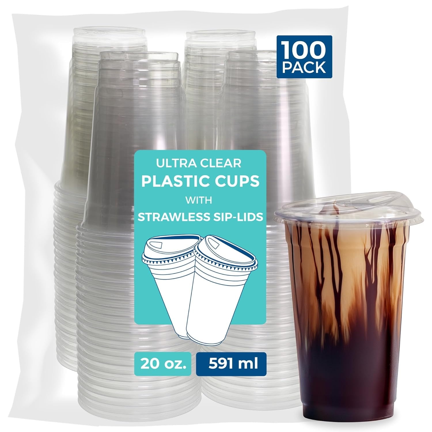 Clear Plastic Cups with Strawless Sip Lids [100 Cups - 20 oz ...