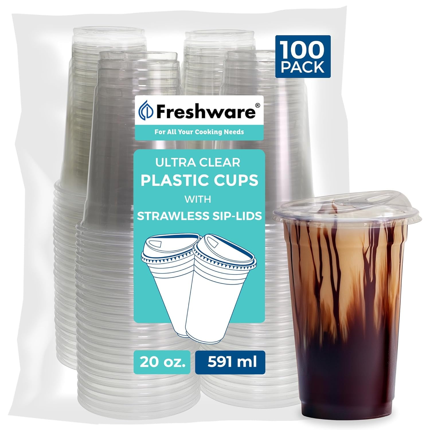 Clear Plastic Cups with Strawless Sip Lids 100 Cups - 20 oz Disposable ...