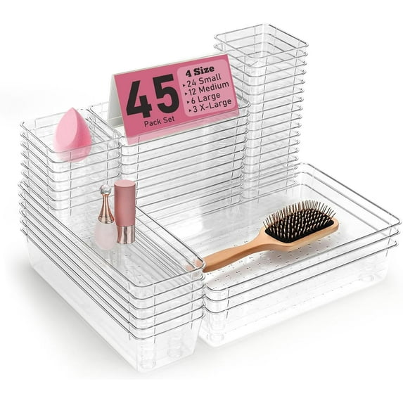 Clear Plastic Drawer Organizers Set of 45 Vanity Organizers Stackable Storage Bins Dividers ...