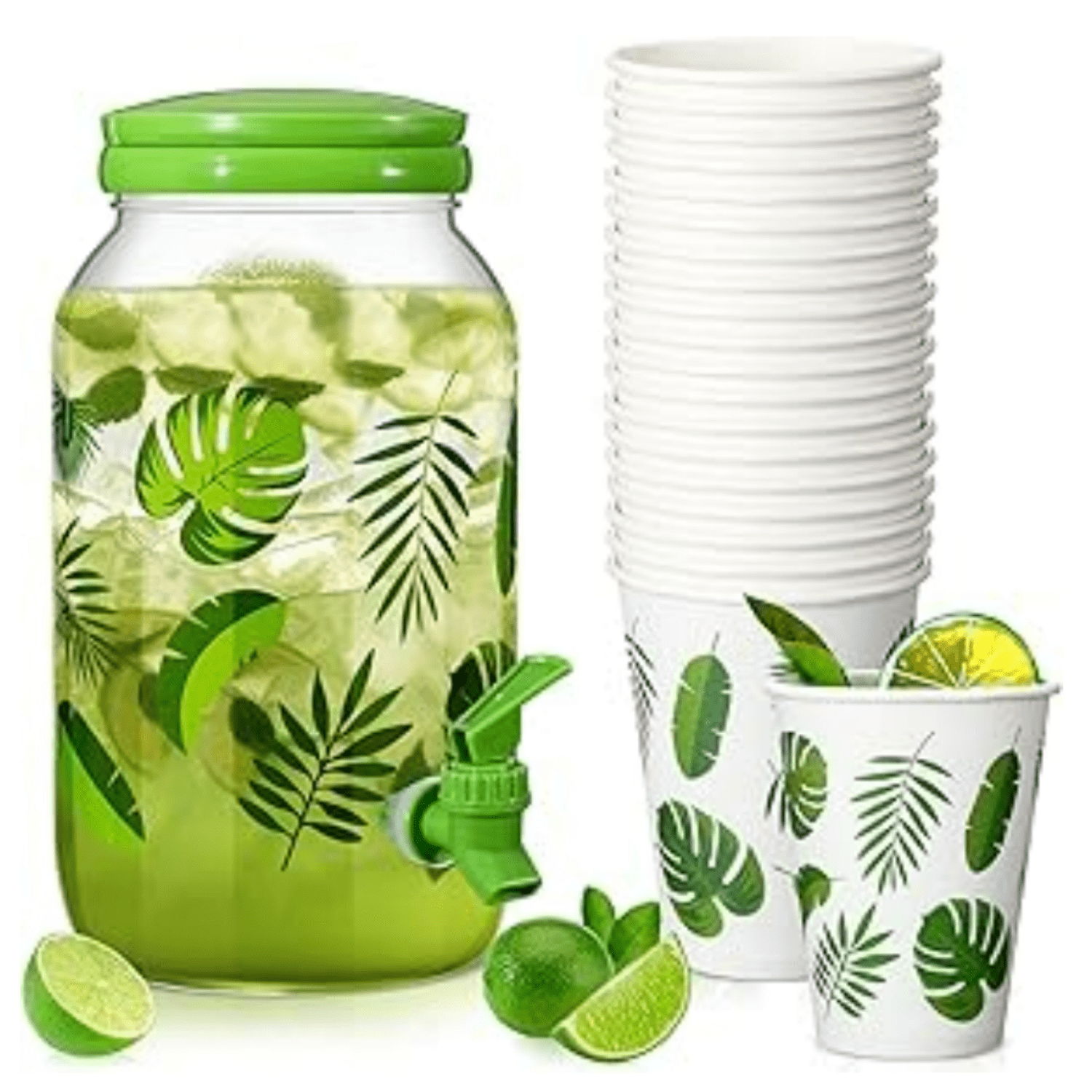 Clear Plastic Drink Dispenser with 20 Pcs 12 oz Tropical Paper Party ...