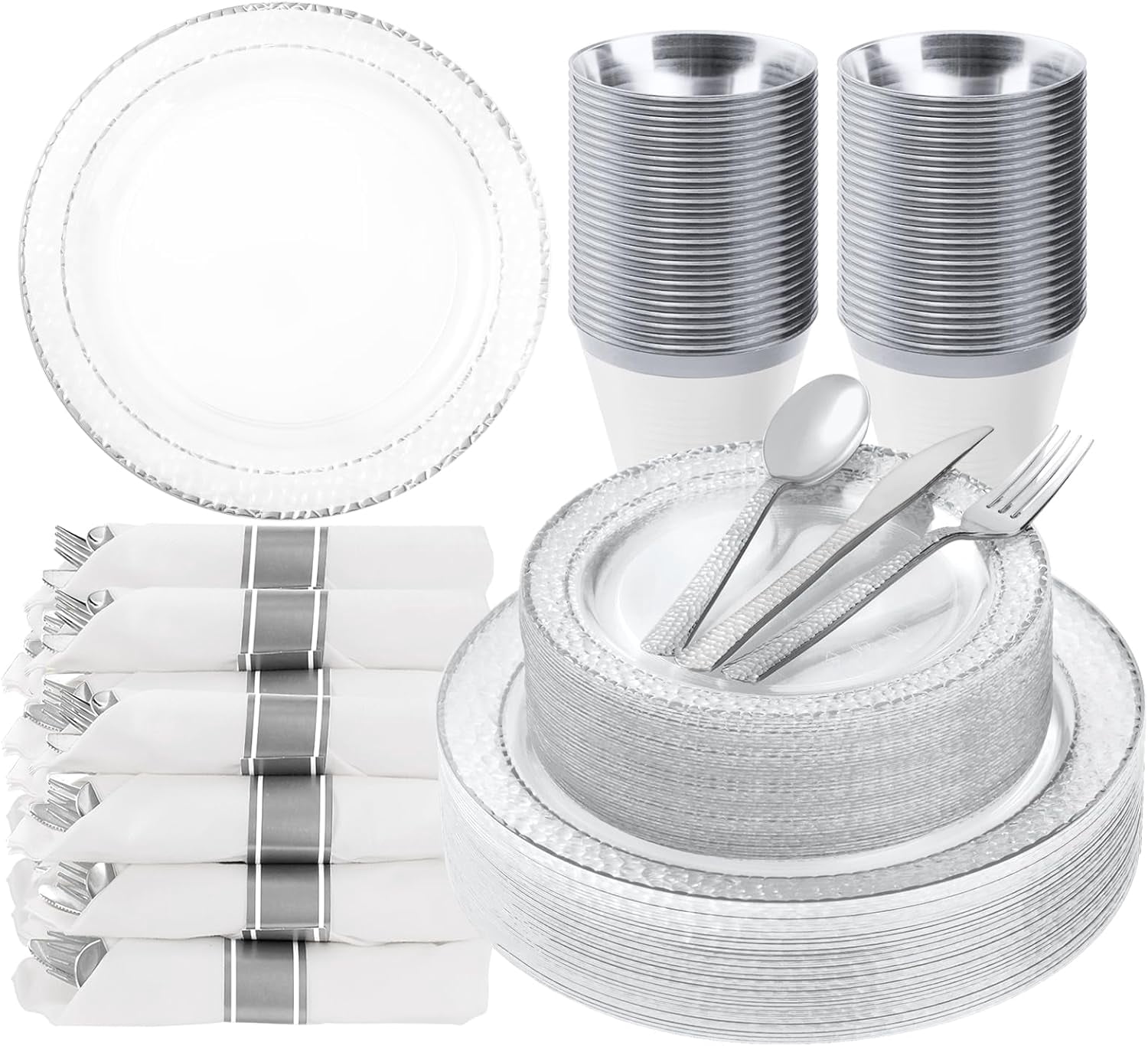 Clear Plastic Plates with Silver Trim for 25 Guests, Disposable ...