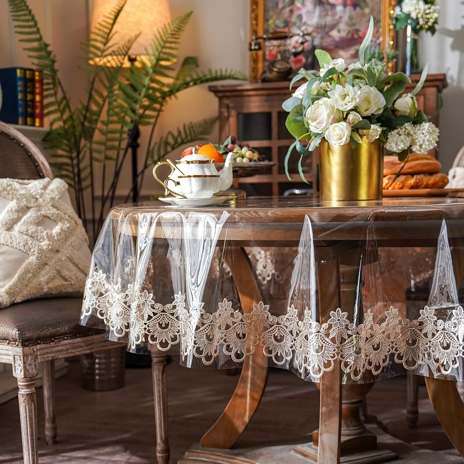 Clear Plastic Round Tablecloth Protector with Embroidery Lace 100% Oil ...