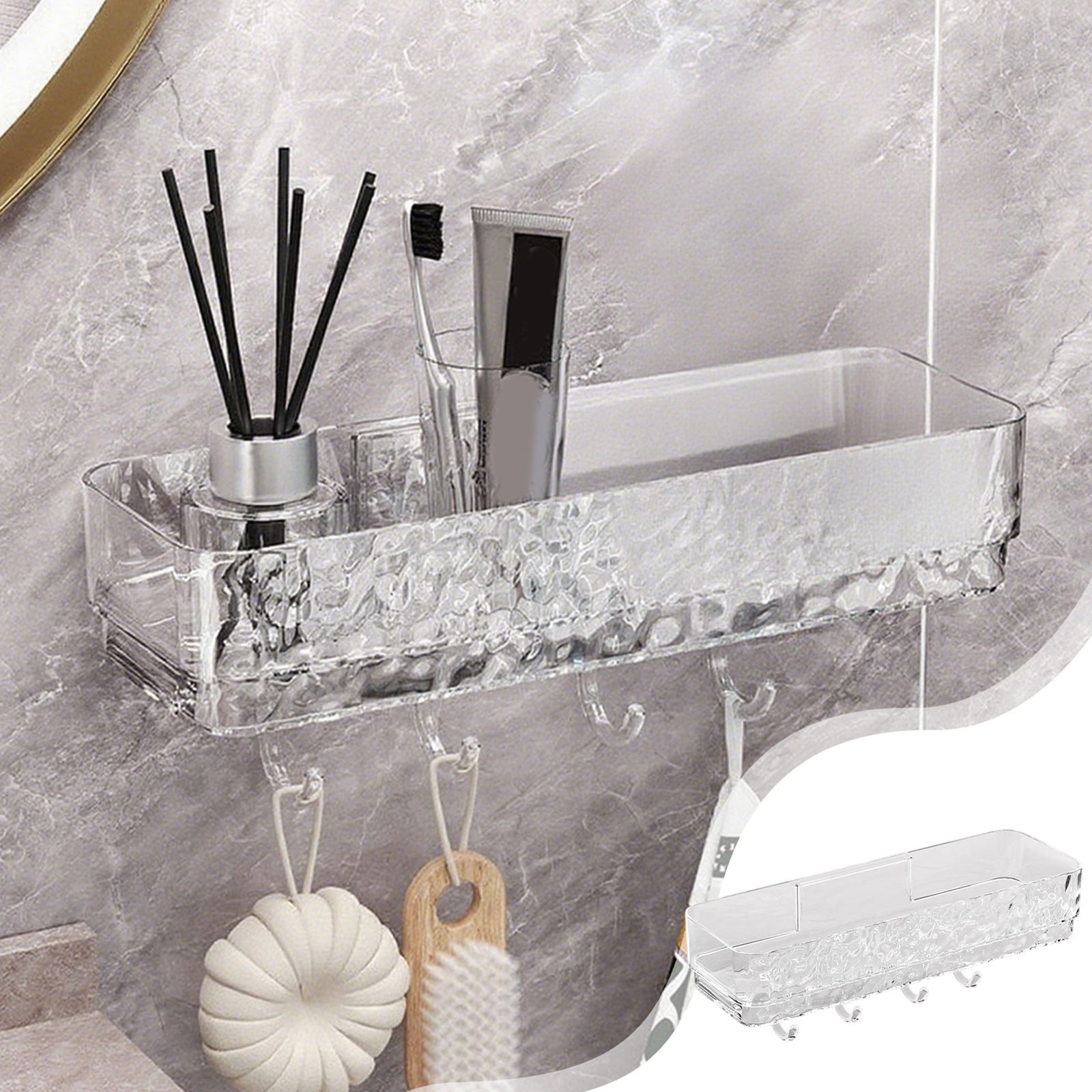 Clear Plastic Shower Shelf with Hooks, No Drill Adhesive Bathroom ...