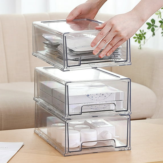 Clear Plastic Stackable Desktop Storage Box Pull-Out Drawer Organizer ...