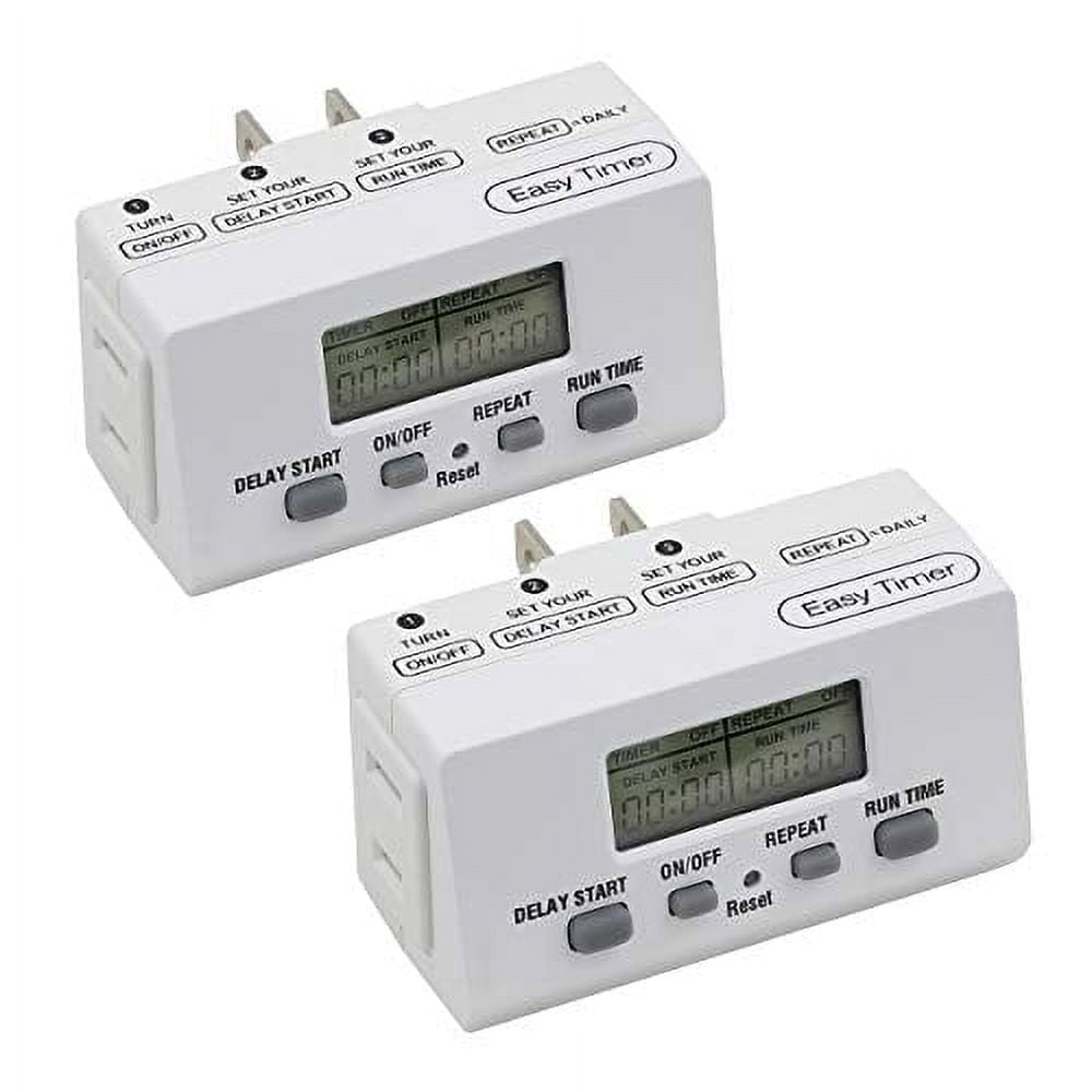 Clear Power 24 Hour Programmable Indoor Digital Timer (2 Pack), ON/OFF Button, LCD Display, ETL ...