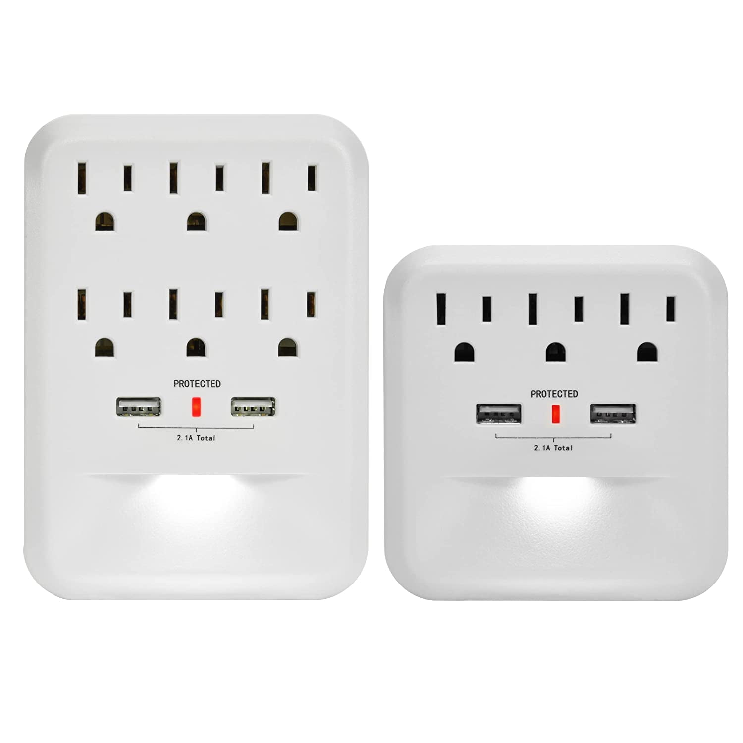 Clear Power Combo: 3 & 6 Outlet 600 Joule Wall-Taps with 2 USB Type A ...