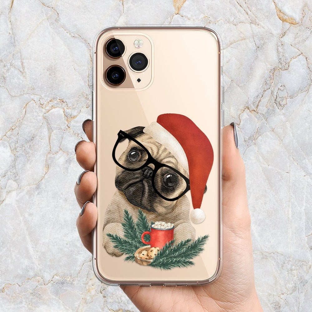 Clear Pug Puppy with Holiday Hat Phone Case with iPhone 17 to 11 Pro ...