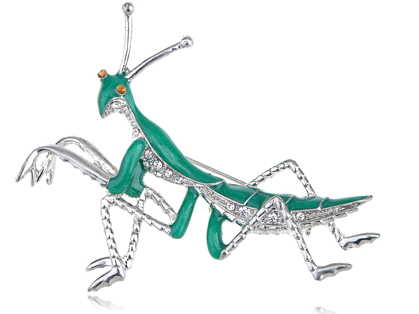 Clear Rhinestone Silver Tone Mantis Insect Grasshopper Green Enamel Pin ...