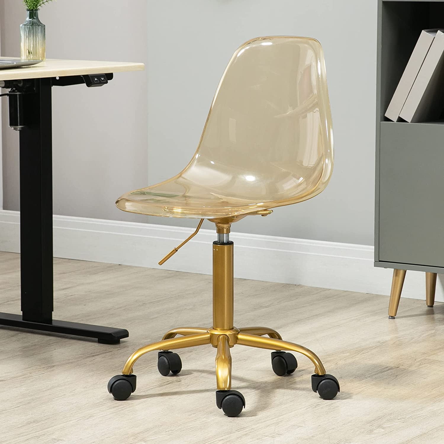 Clear Rolling Chair, Armless Acrylic Desk Chair with Golden Feet Swivel ...