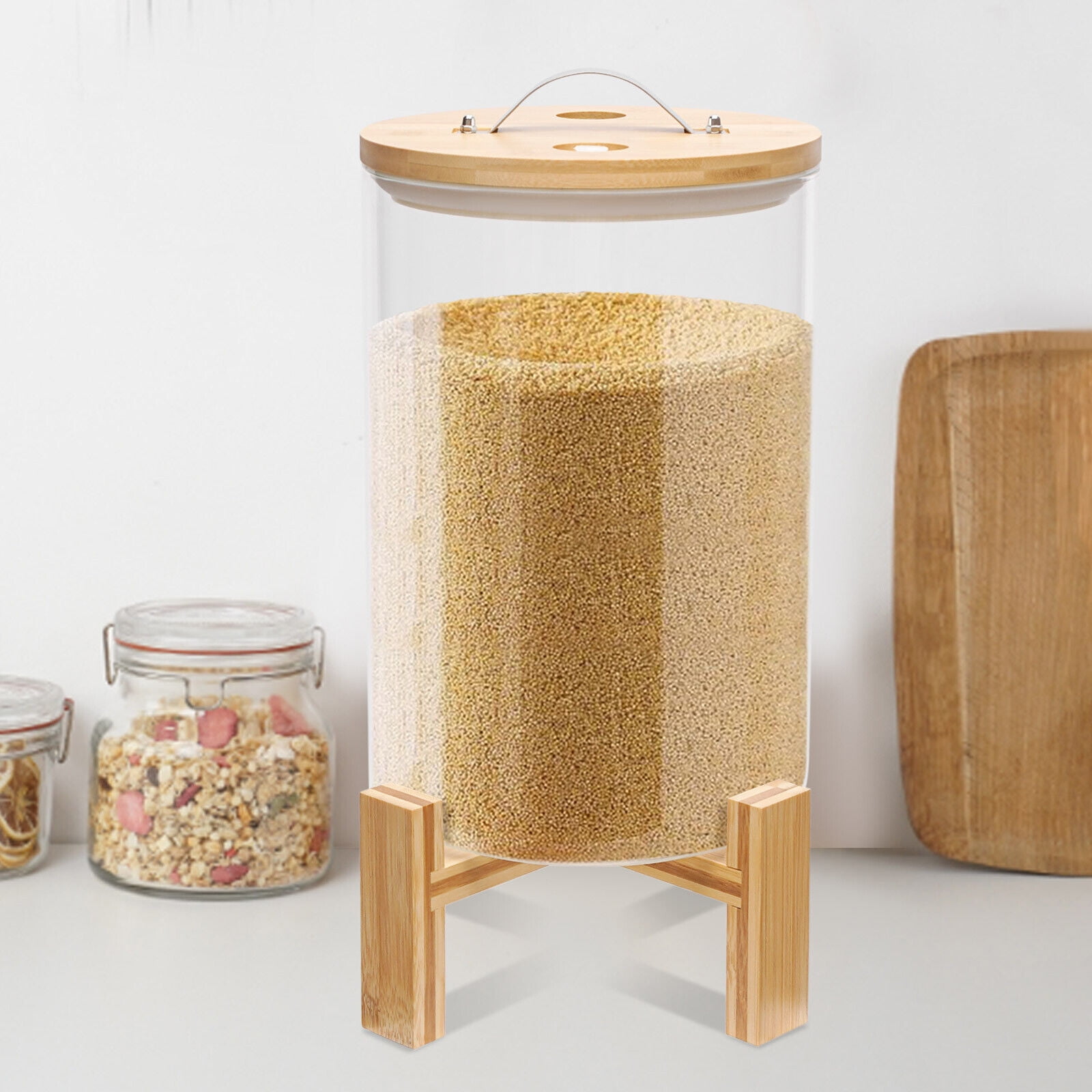 Clear Round Glass Rice Dispenser with Stand Storage Container Cereal ...