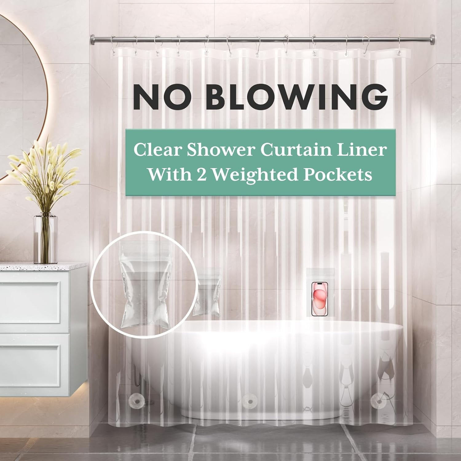 Clear Shower Curtain Liner, Innovative No Blowing Plastic Shower ...
