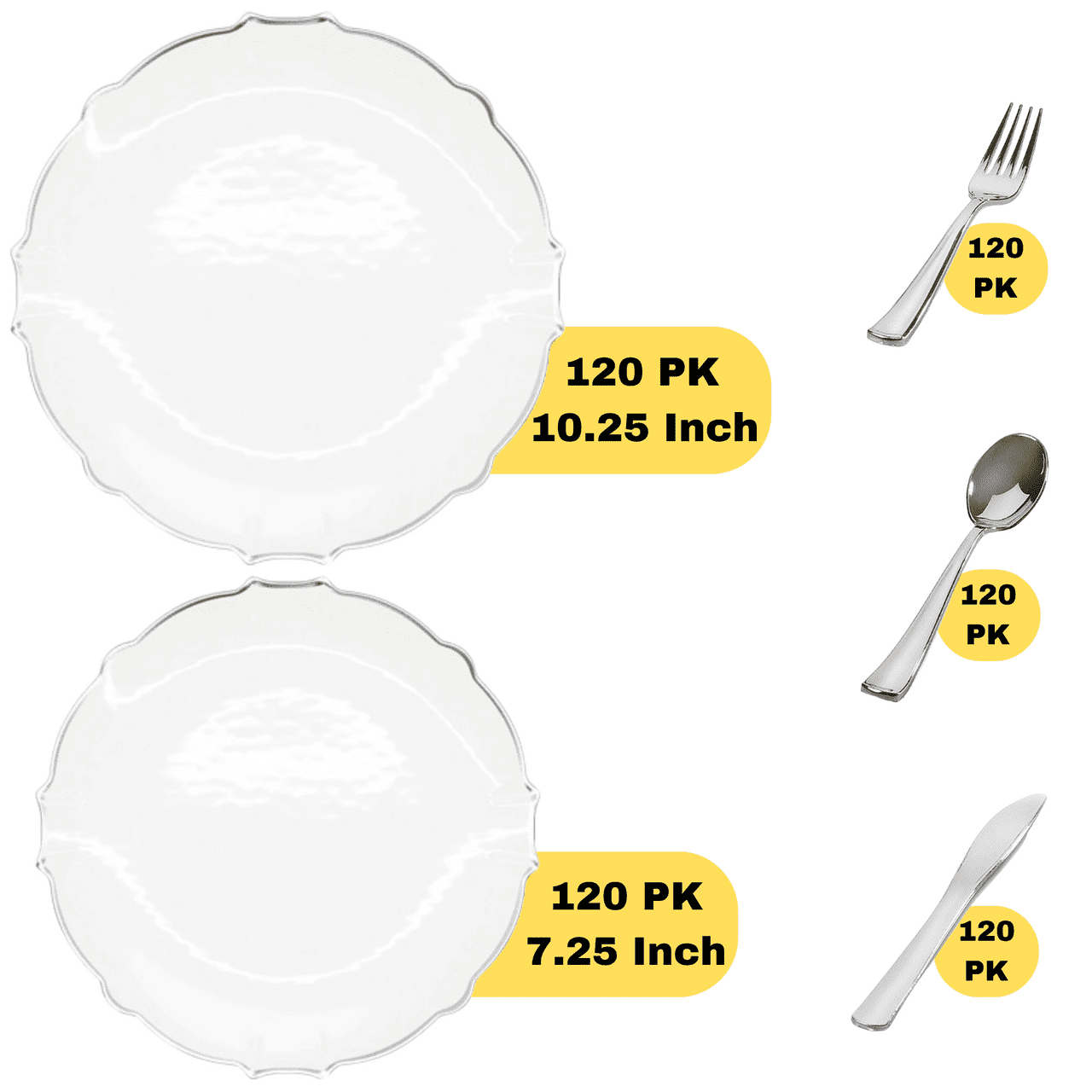 Clear / Silver Petal Wedding Plastic Plates Party Bundle w/ Silver ...