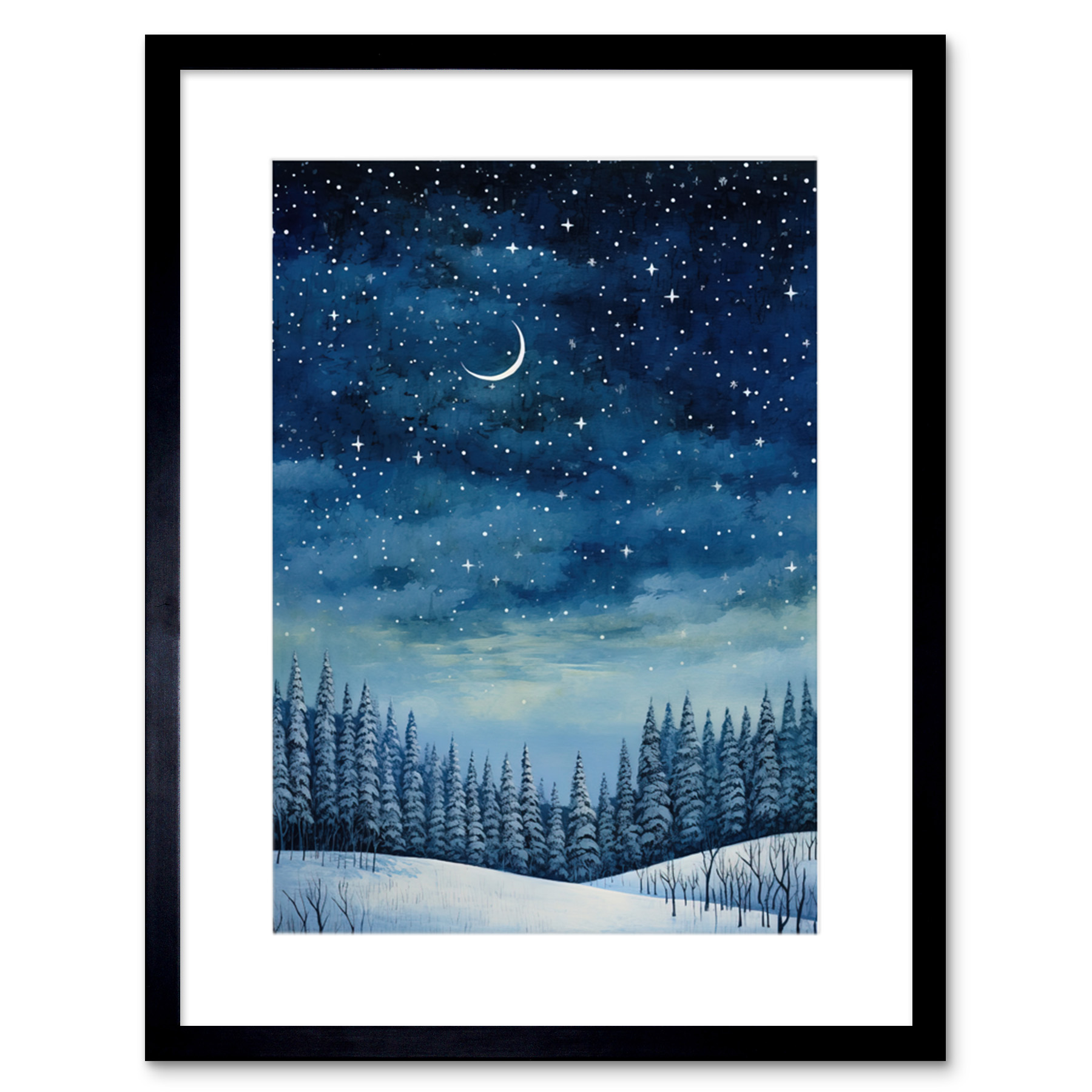 Clear Sky Starry Night in Forest Covered with Snow Oil Painting ...