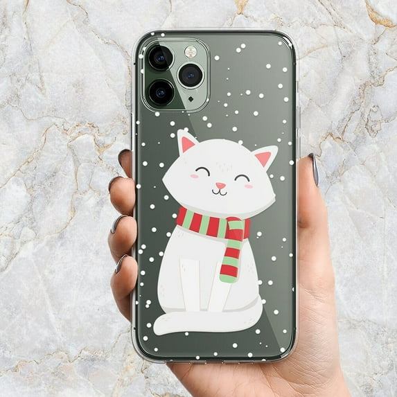 Clear Snowy Winter Holiday Cat Themed Phone Case 17 16 15 14 13 12 11 ...