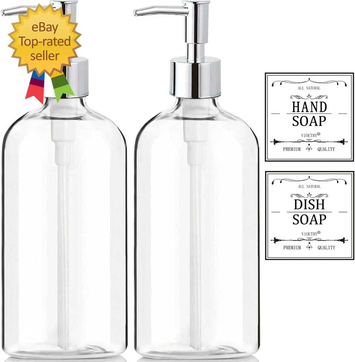 Clear Soap Dispenser With Rust Proof Pump, Waterproof Labels (2 Pack,16 ...