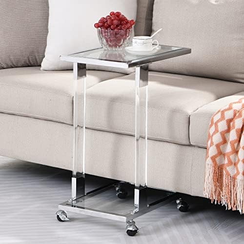 Clear Sofa Side Table C Shaped End Table with Wheels, Rolling Acrylic ...
