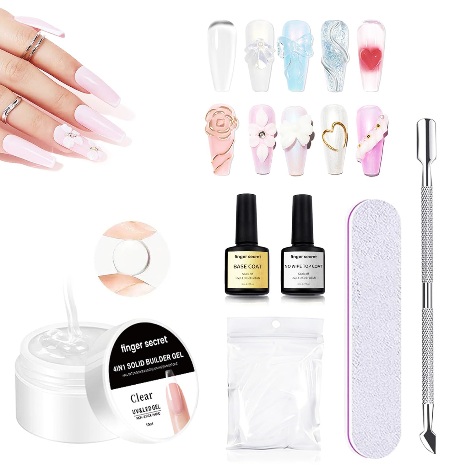 Clear Solid Nail Builder Gel Set, Nail Extension Gel with Nail Art ...