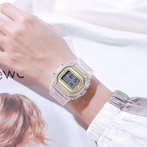 Clear Square Case Digital LED Watch, Multi-Function Retro Transparent ...