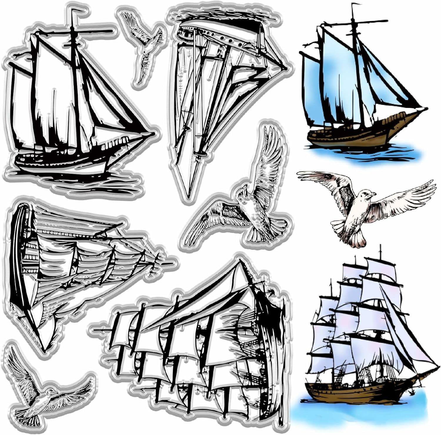 Clear Stamps Boat Seagull Sailboat Ship Silicone Stamp Reusable Retro ...