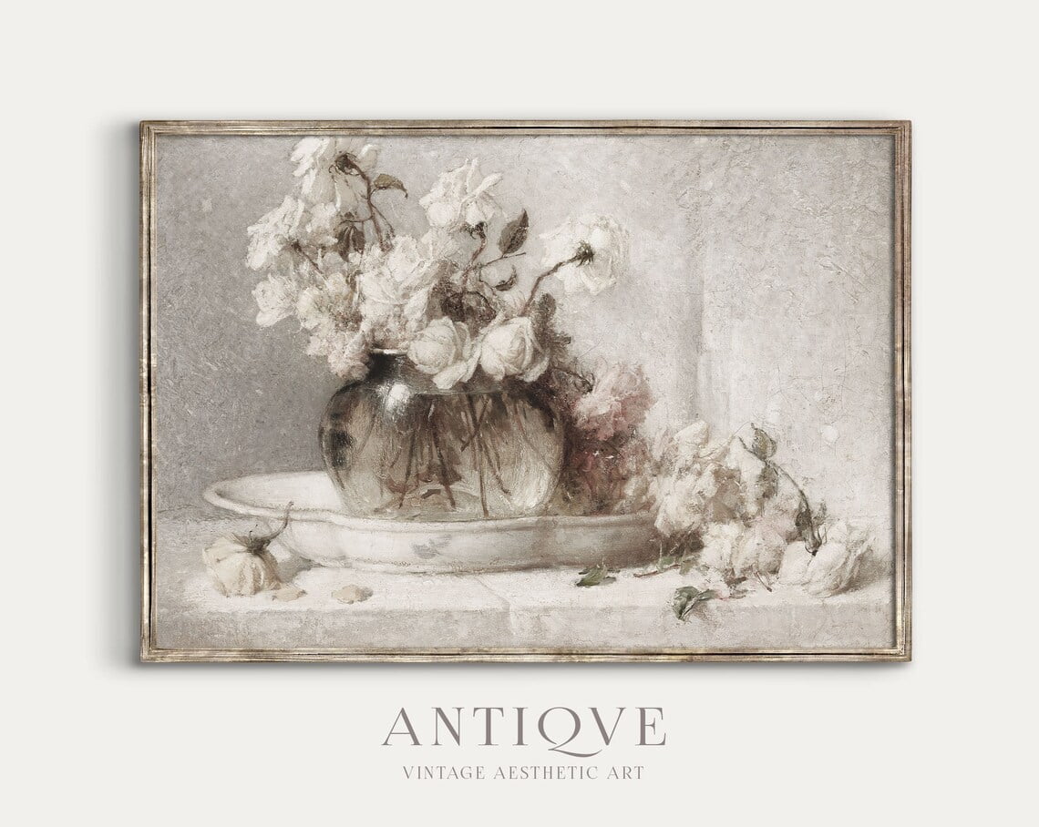 Clear Still Life Art, White Roses In Glass Vase Spring Vintage Wall Art ...
