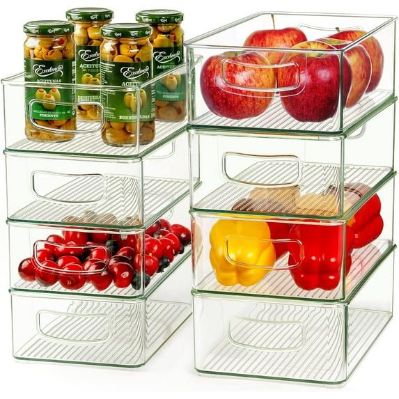 Clear Storage Bins 8 Packs for Refrigerator, 4 Large Stackable Pantry ...