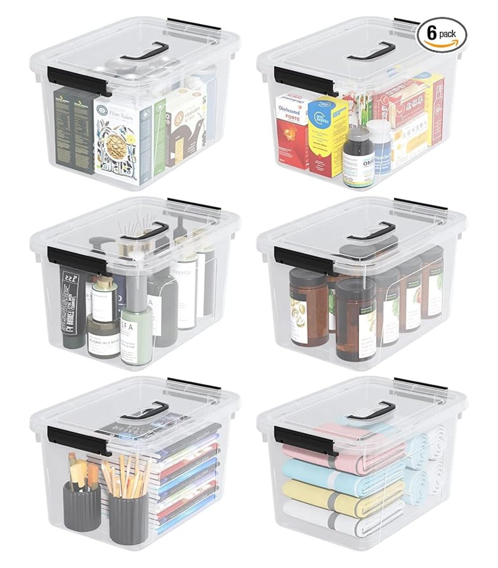 Clear Storage Boxes 10 Liter, 6 Pack Plastic Bins with Lids & Handles ...