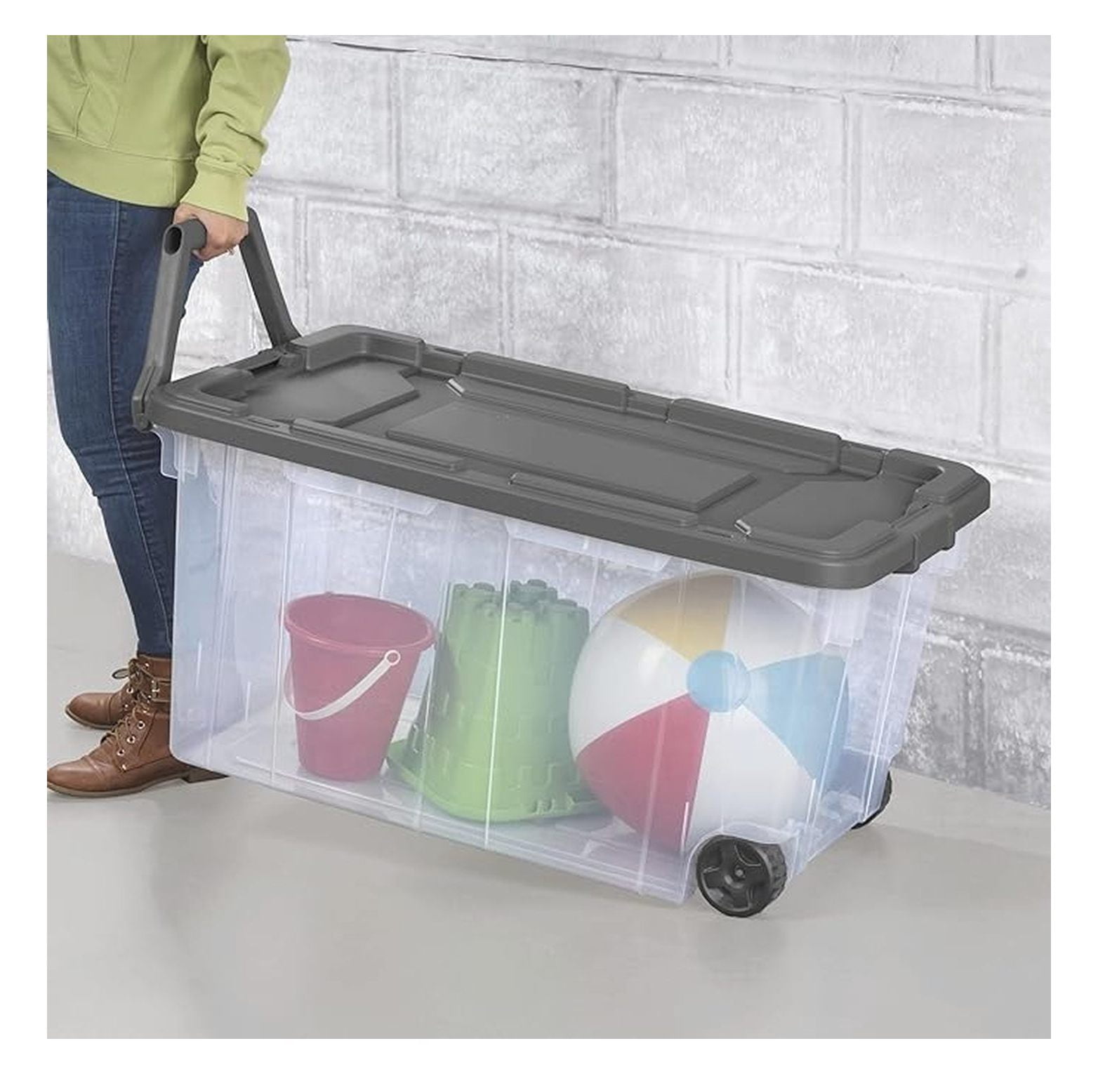 Clear Storage Container with Wheels, Large Rolling Bin, 36.75x21.38x18 ...