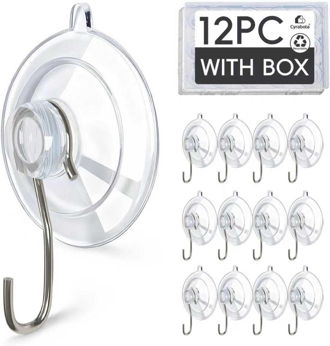 Clear Suction Cup Hooks 12 Pack, 1.77 Inch Heavy Duty Wall Hooks with ...