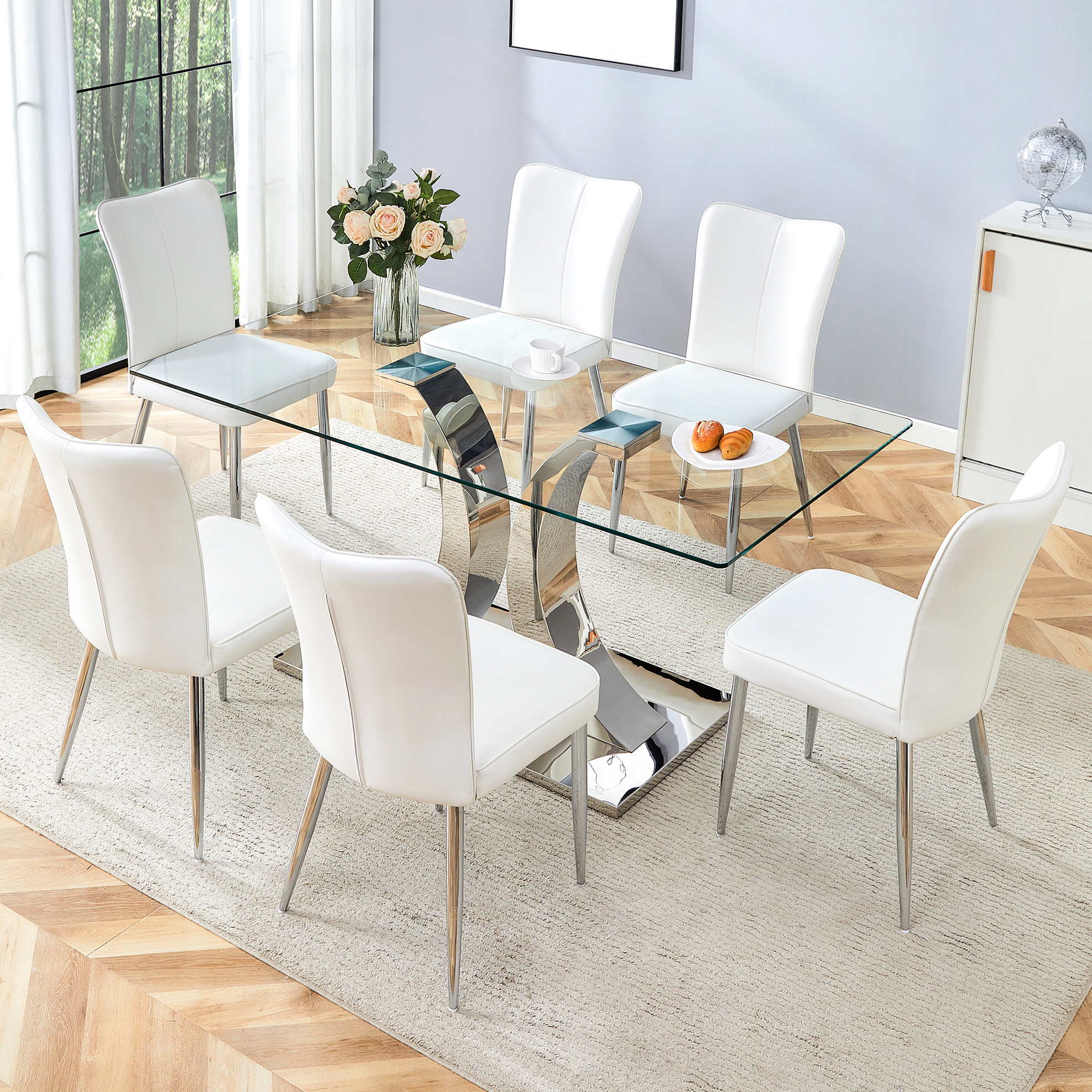 Clear Tempered Glass Dining Table 63"x35.4" With X-shaped Silver ...