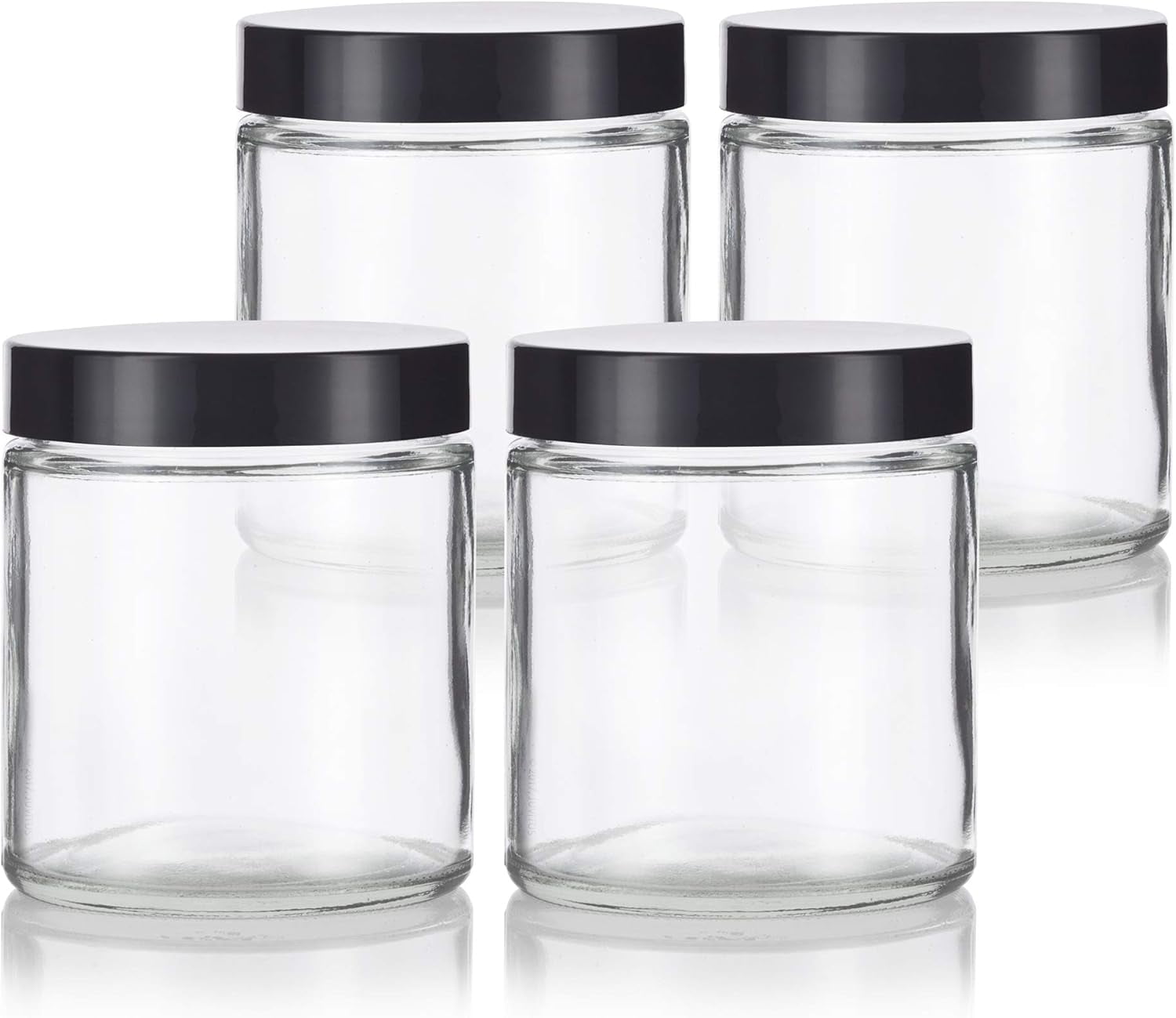 Clear Thick Glass Straight Sided Jar with Black Smooth lids 4 oz / 120 ...