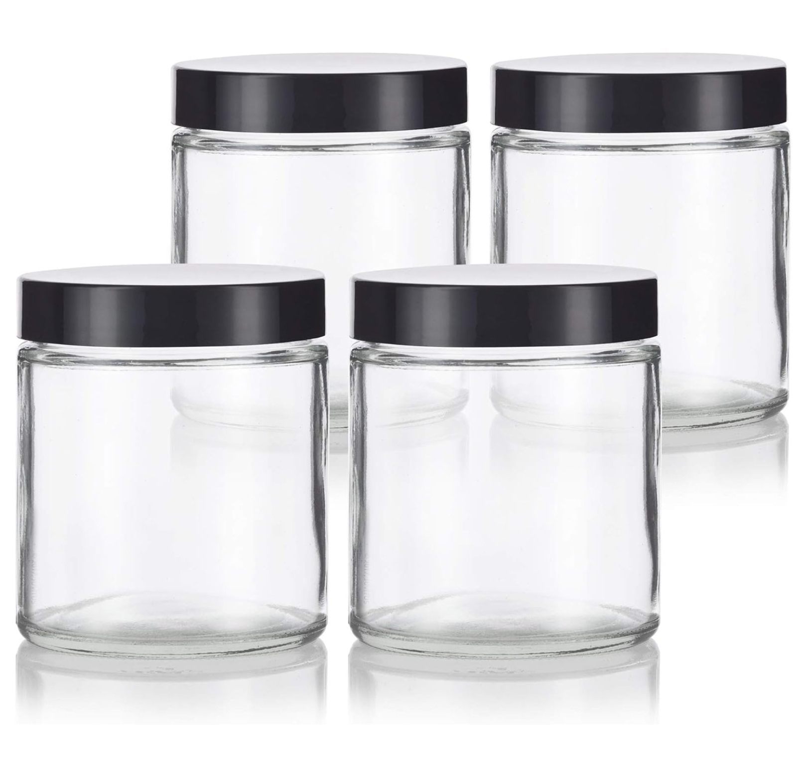 Clear Thick Glass Straight Sided Jar with Black Smooth lids 4 oz / 120 ...