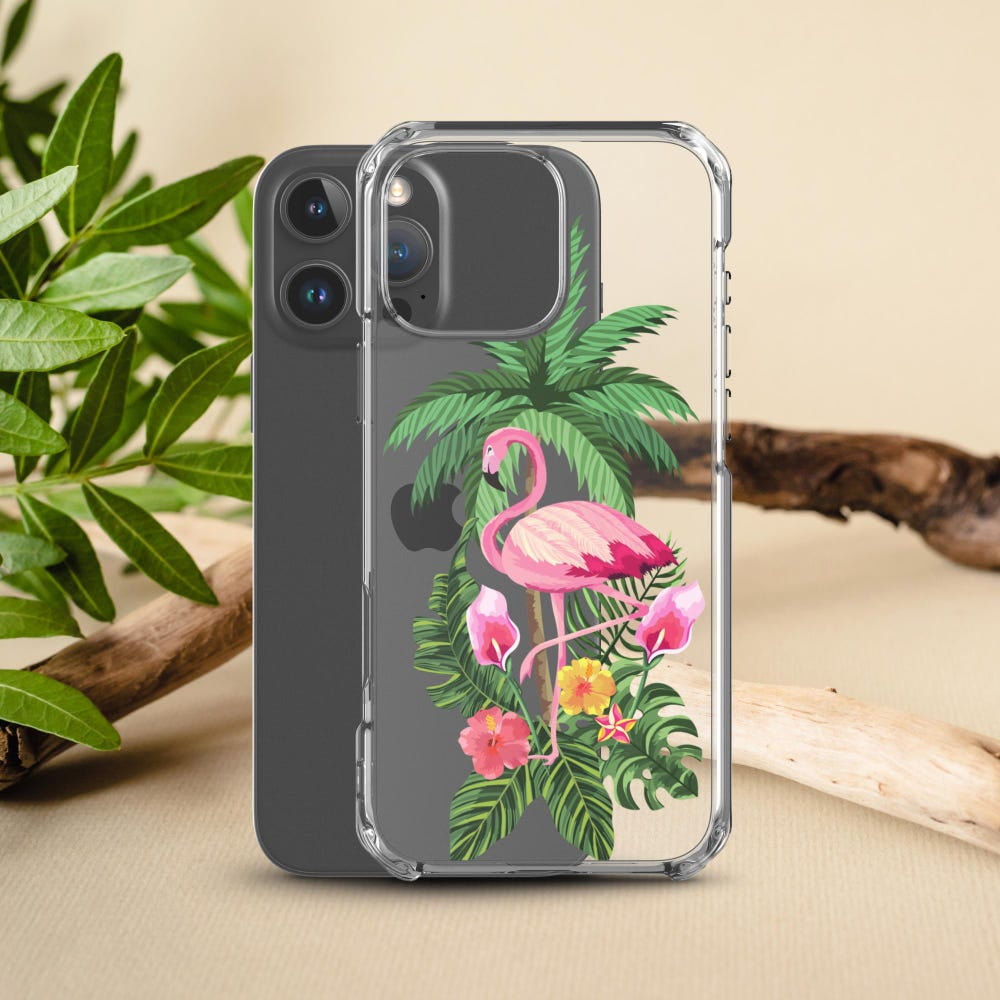 Clear Tropical Flamingo Beach Palm Phone Case with iPhone 17 to 11 Pro ...