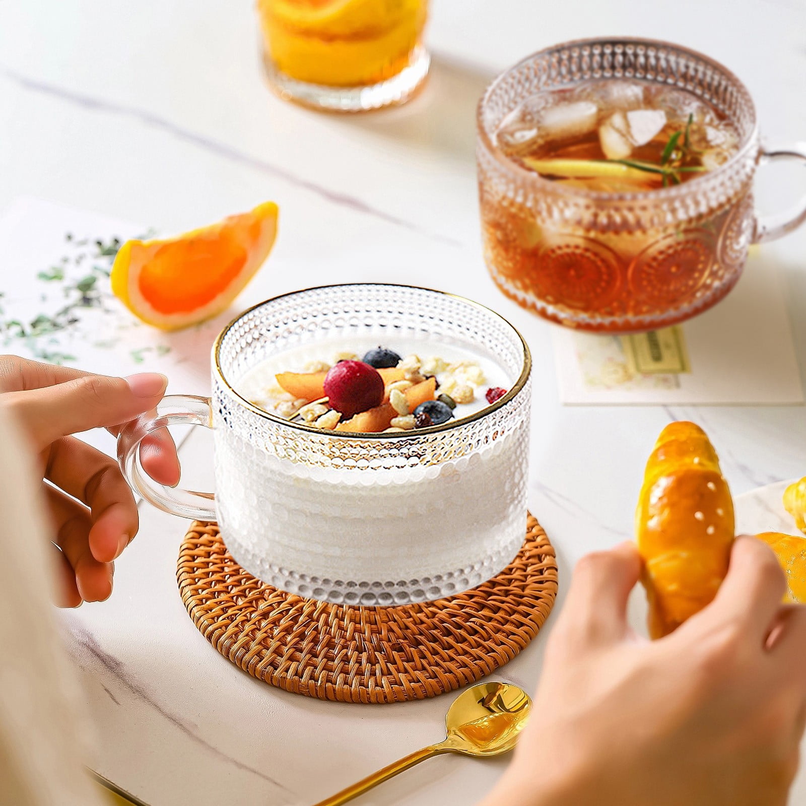 Clear Vintage Glass Coffee Mugs with Lids and Spoons, Clear Embossed ...