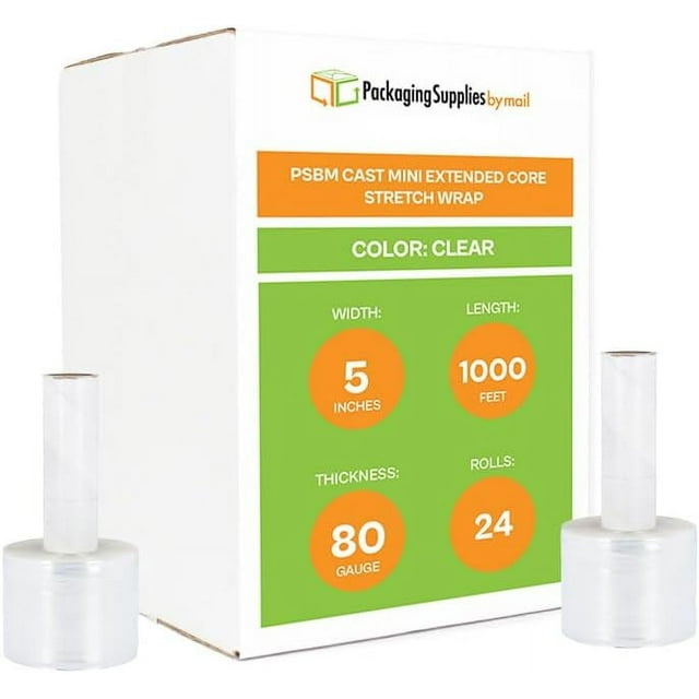 Clear Wrap Stretch Film Bundling Extended Core 5" x 1000' x 80 Gauge 24 ...
