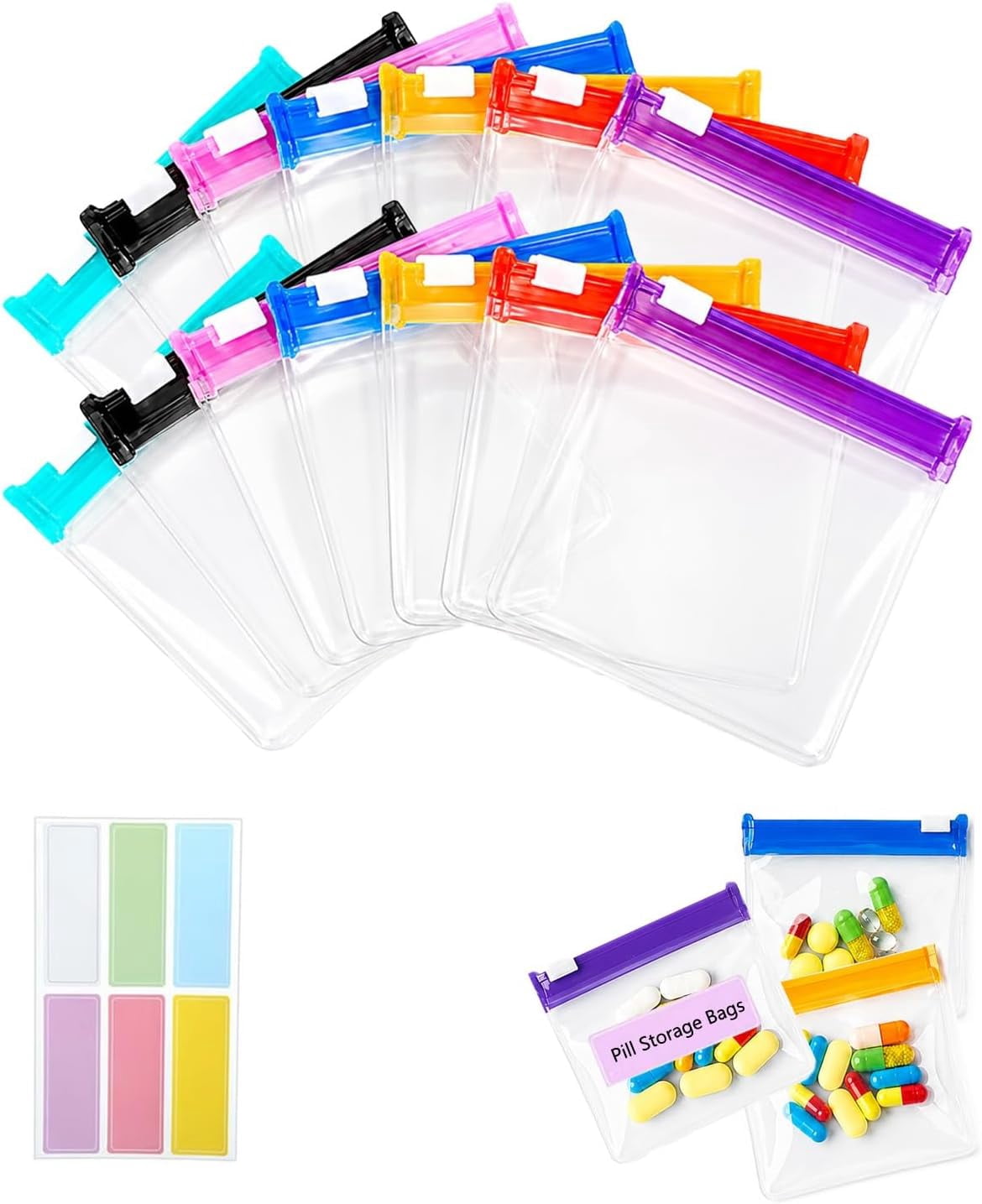 Clear Zipper Pill Storage Bag Set, 7 Color Reusable Mini Pouches for ...