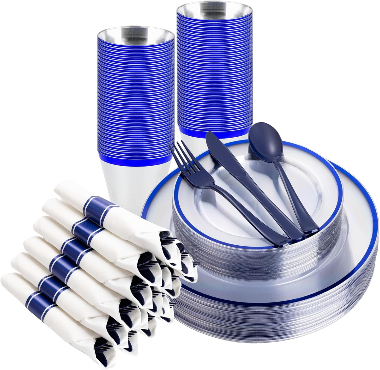 Clear and Blue Disposable Plates Set for 25 Guests, 50 Plastic Plates ...