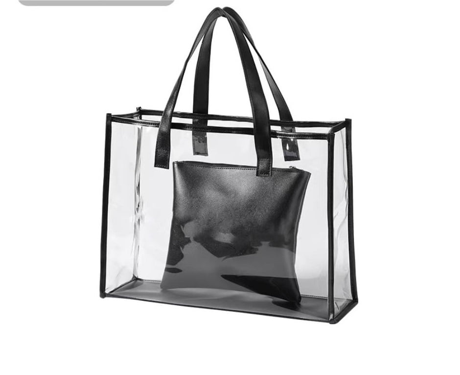 Clear pvc tote bag with fabric bottom with Leather Pouch Clear Beach ...
