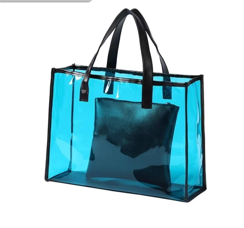 Clear pvc tote bag with fabric bottom with Leather Pouch Clear Beach ...