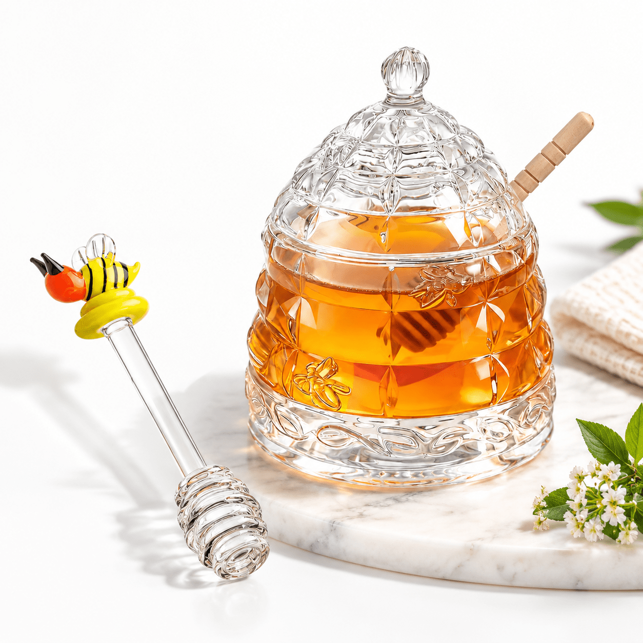 Clear2 3.8 Oz Crystal Honey Pot With 2 Dipper Sticks Beehive Jar Lid ...
