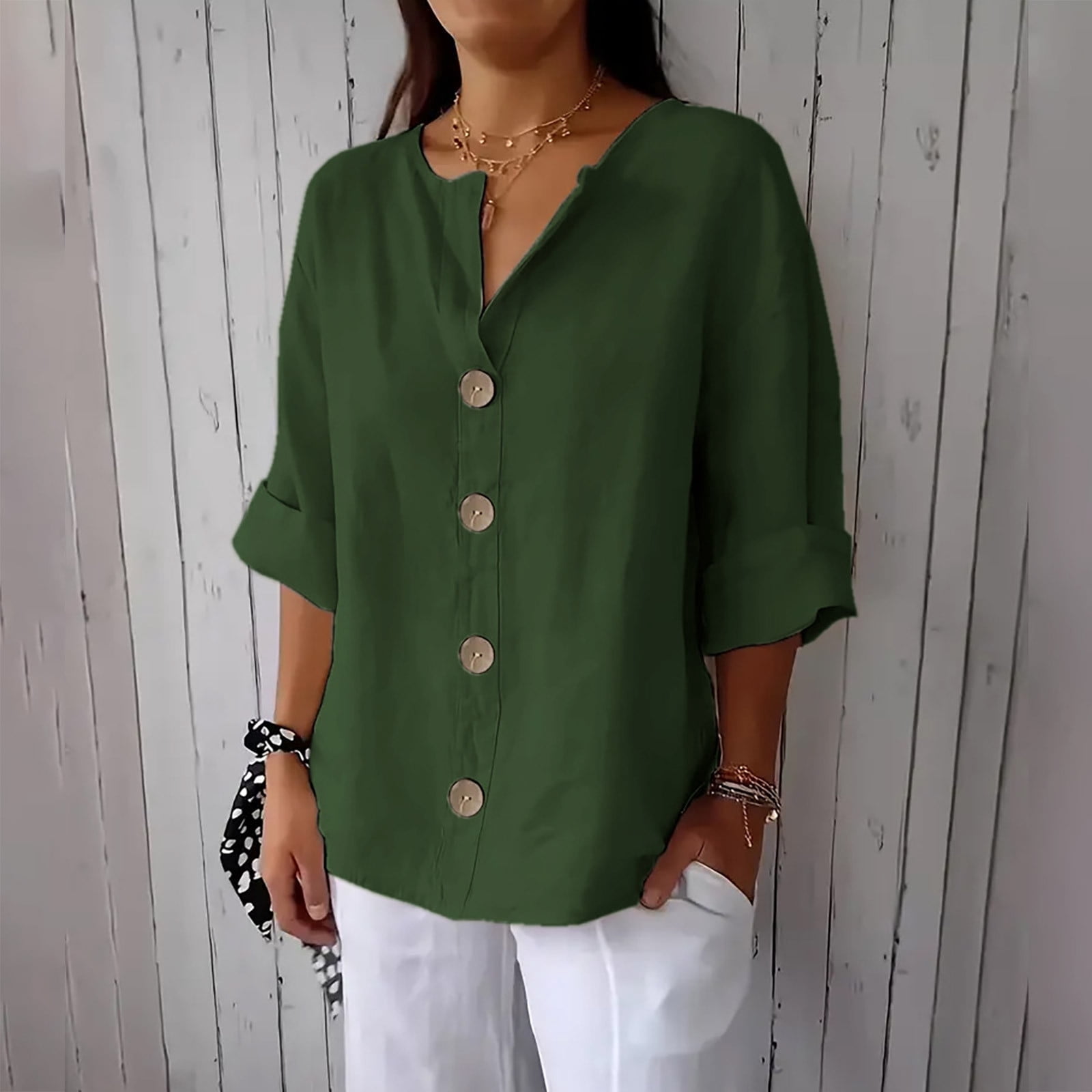 Sevevn Women's New Solid Color V-neck Quarter 3/4 Sleeve Loose Cotton ...