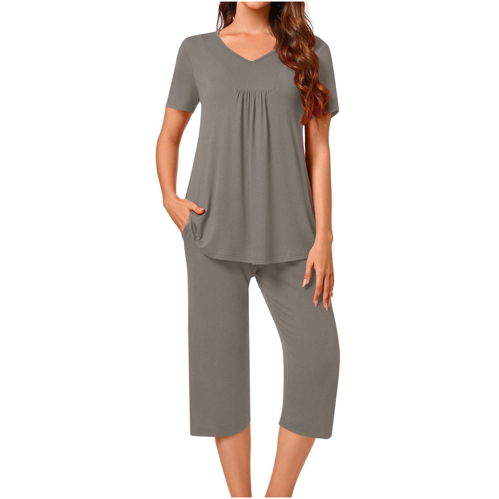 Clearance under $10 qolati Womens Capri Pajama Sets Basic Solid Color V ...