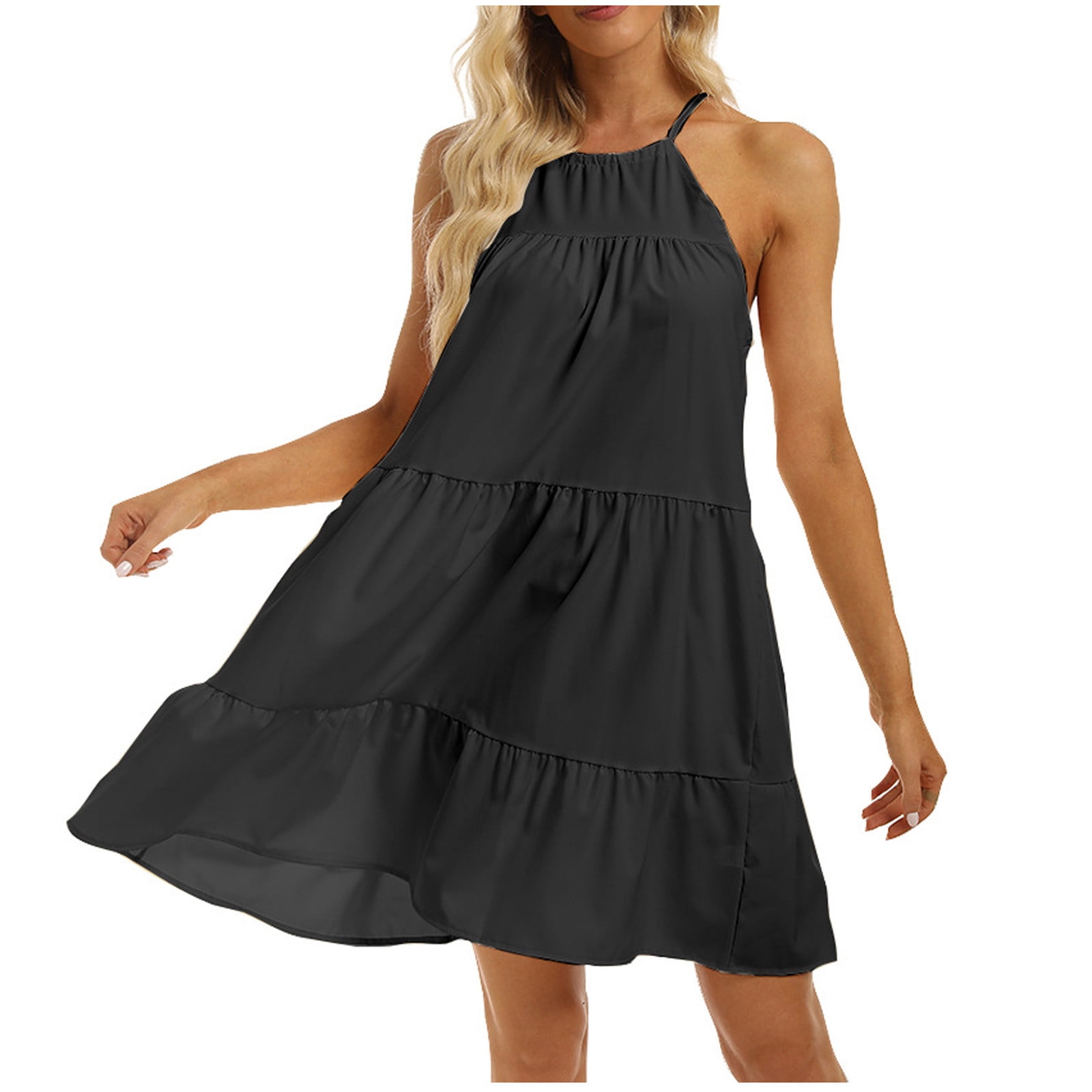 qolati Summer Dresses for Women 2024 Elegant Halter Neck Ruffle Tiered ...