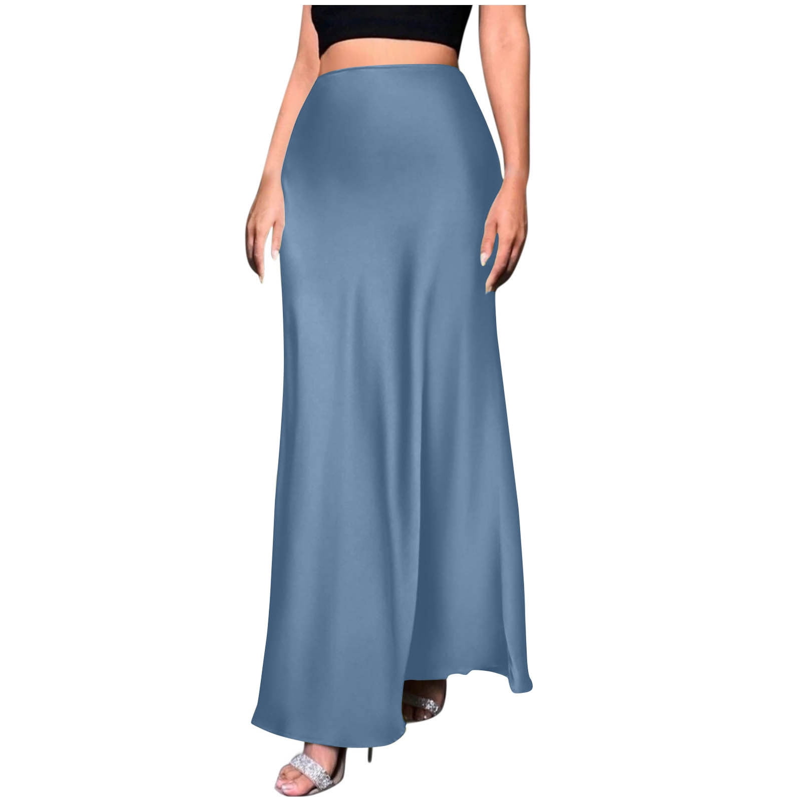 qolati Women's Silk Satin Maxi Skirt High Waist Elastic A Line Fishtail ...