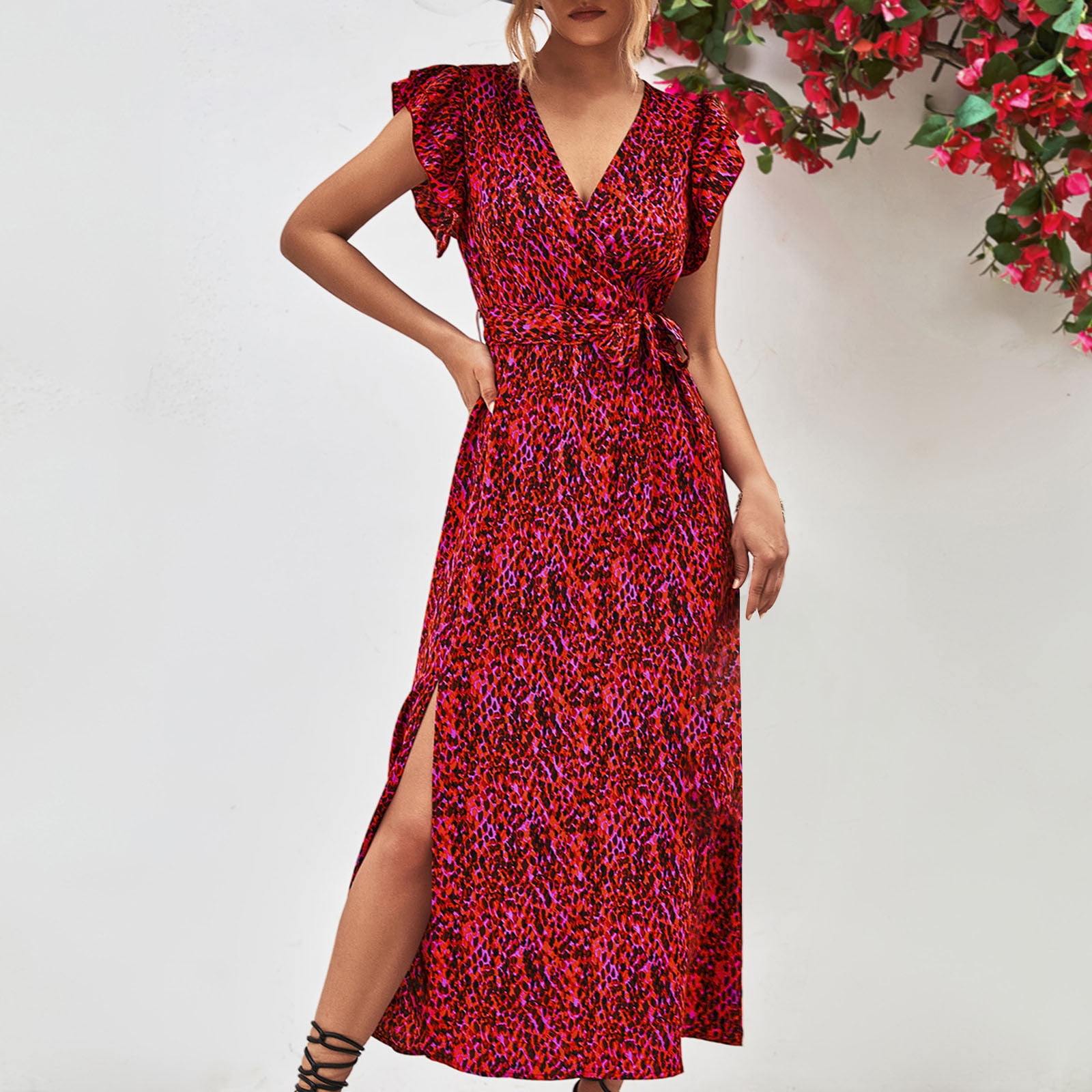 qolati Women's Summer Leopard Dresses Elegant Ruffle Slim Fit Belted V ...