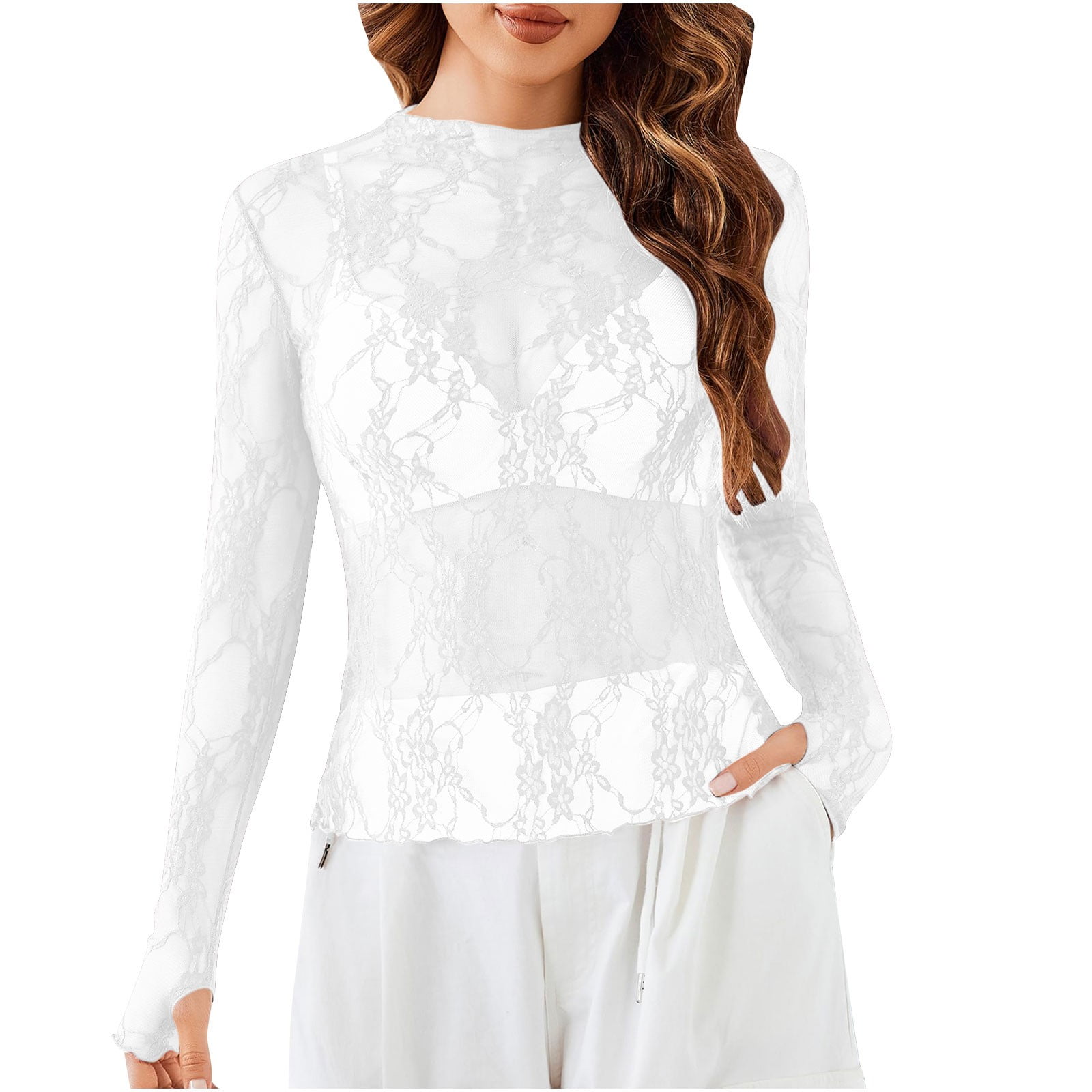 ZVNAΖH Womens Mesh Sheer Long Sleeve Layering Top Mock Neck Lace Floral ...