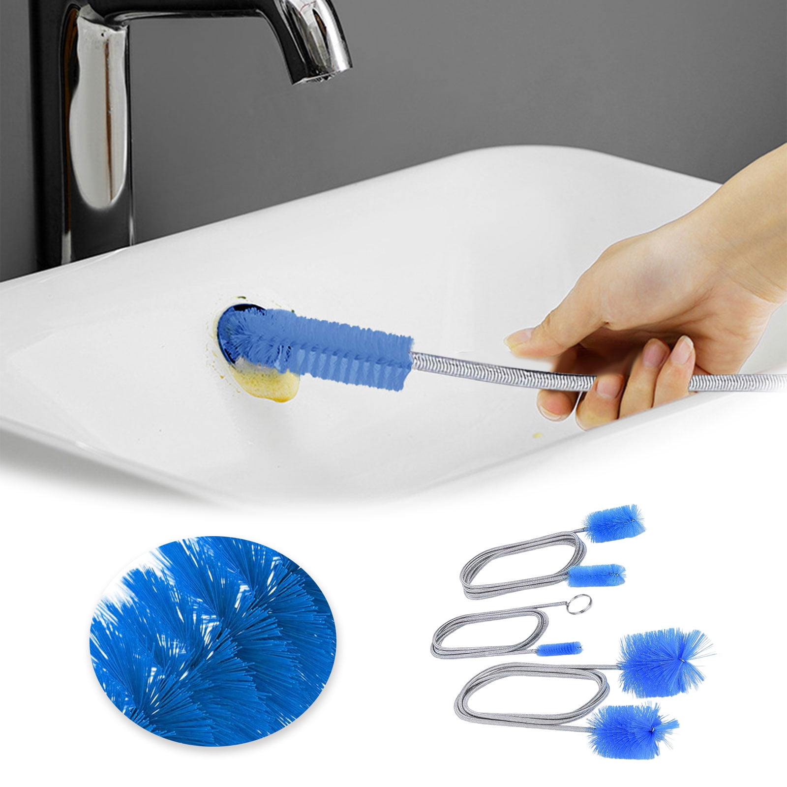 Clearance 3 Piece Drain Brush Set Flexible Long Stainless Steel Tube ...