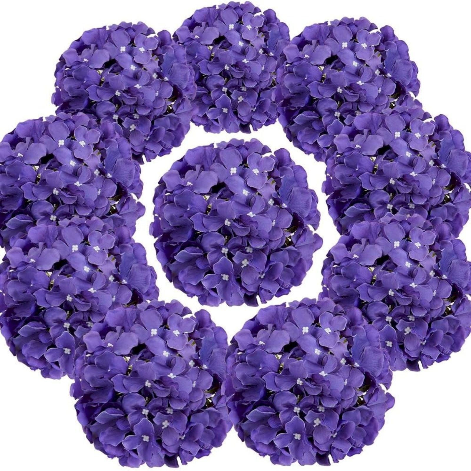 FNGZ, Artificial Flowers, 10Pc Purple Silk Hydrangea Heads with Stems ...