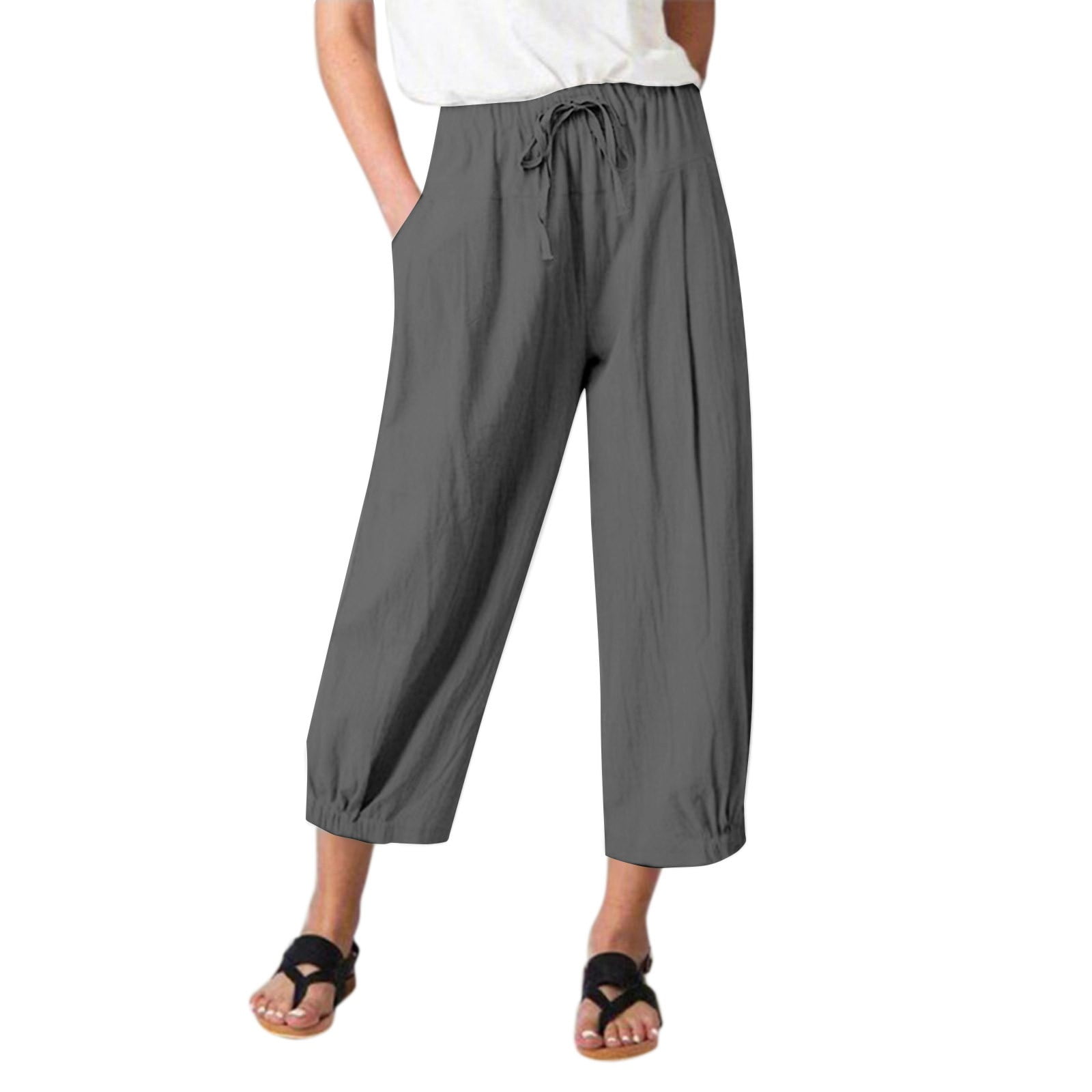 Clearance!BKQCNKM Linen Cropped Pants Women Petite Pants Draw String ...